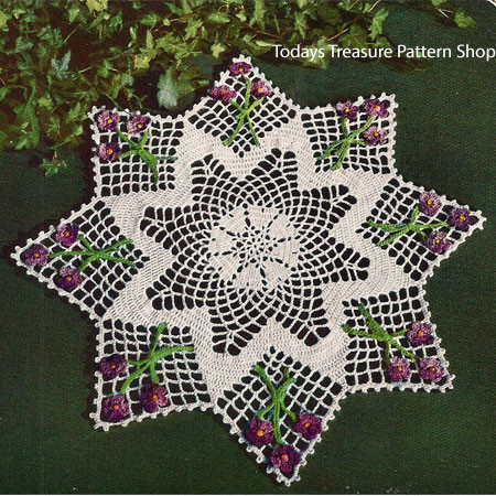 Violets Flower Crochet Doily Pattern, 8 Point Star is 16 inches