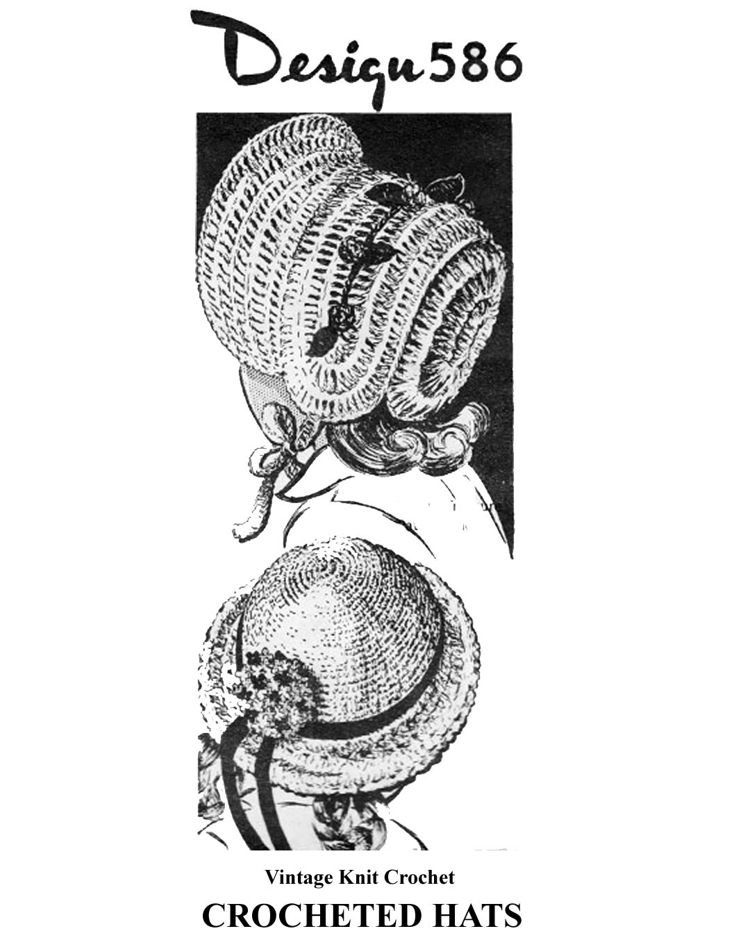 Two Crocheted hats, Bonnet, Sailor Hat Pattern, Alice Brooks 7400
