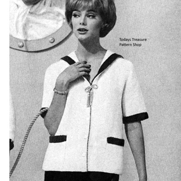 Large Collar Jacket Knitting Pattern Short Sleeve Contrast Trim ...