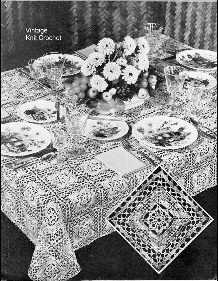 Vintage Crochet Tablecloth pattern, Two Tone Squares