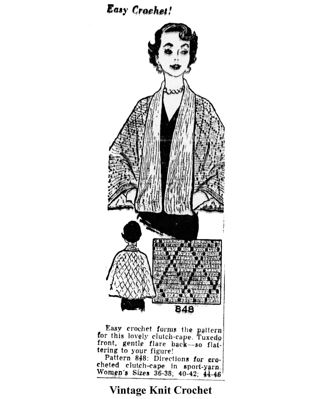 Womens Tuxedo Cape Crochet Pattern Mail Order 848