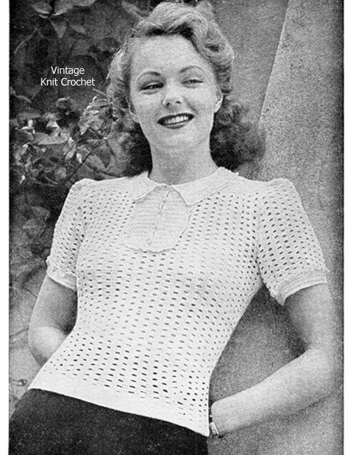 Crochet Lace Mesh Blouse Pattern, Vintage 1947
