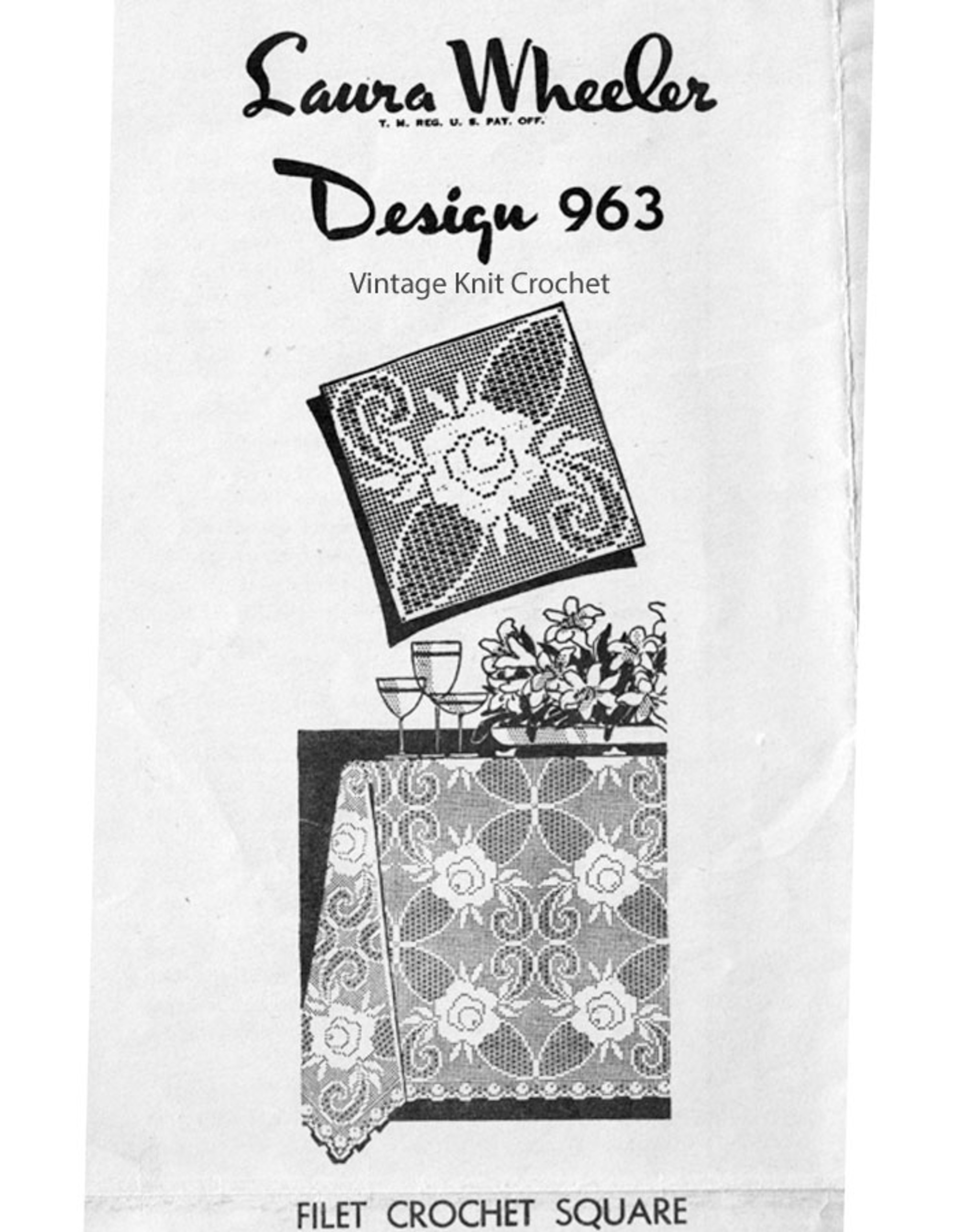 Filet Crochet Rose Square Pattern Laura Wheeler 963 Tablecloth Bedspread