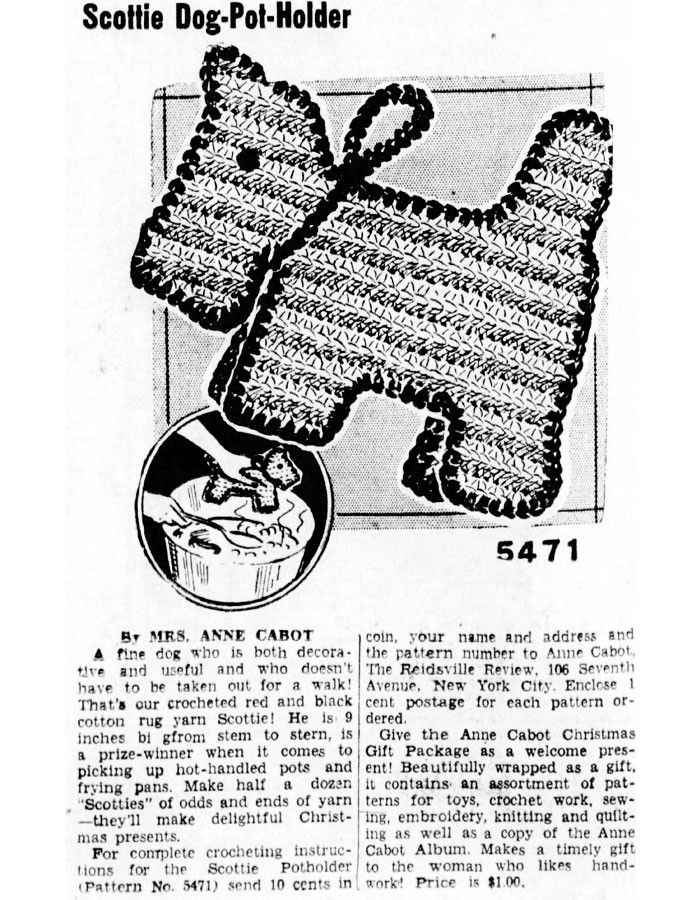 Crochet Scottie Dog Potholder Pattern, Anne Cabot 5471