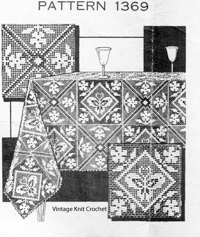 Vintage filet crochet tablecloth square pattern, diamond motif, Anne ...