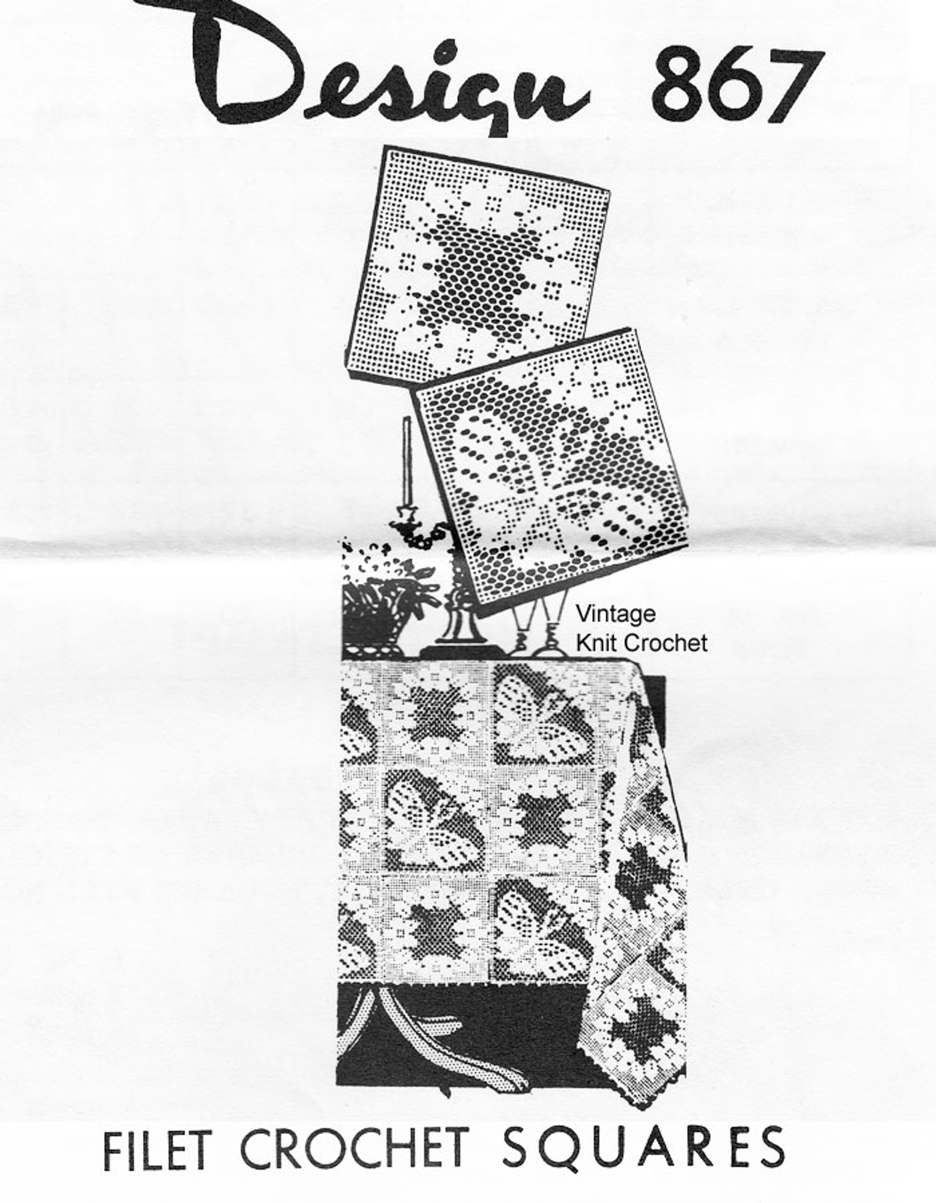 Filet Crochet Butterfly Rose Squares Pattern Design 5860