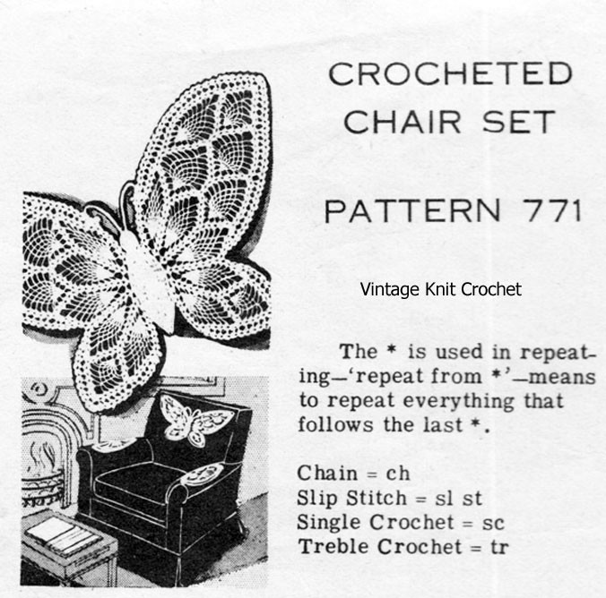 Vintage crochet butterfly pattern, chair set in pineapple stitch Design 771