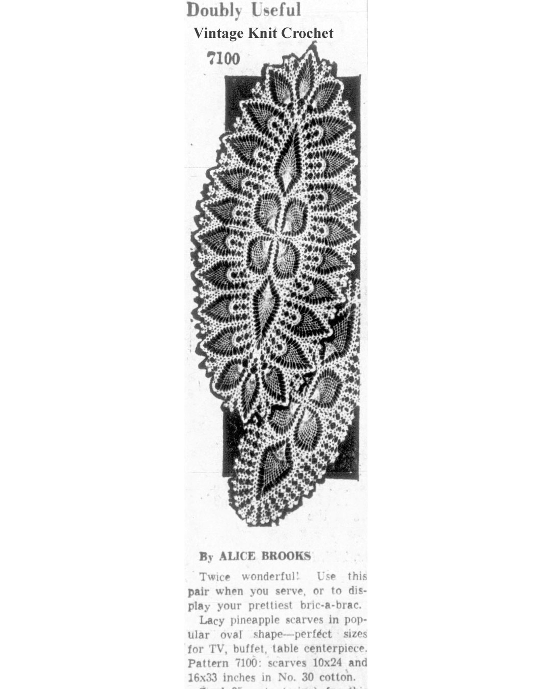 Vintage Crochet Pineapple Runners Scarfs Pattern Mail Order Design 7100