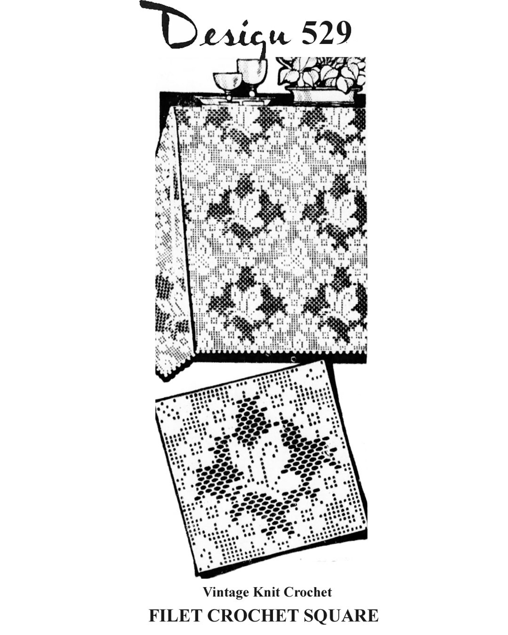 Filet Crochet Butterfly Rose Squares Pattern For Tablecloth Bedspread