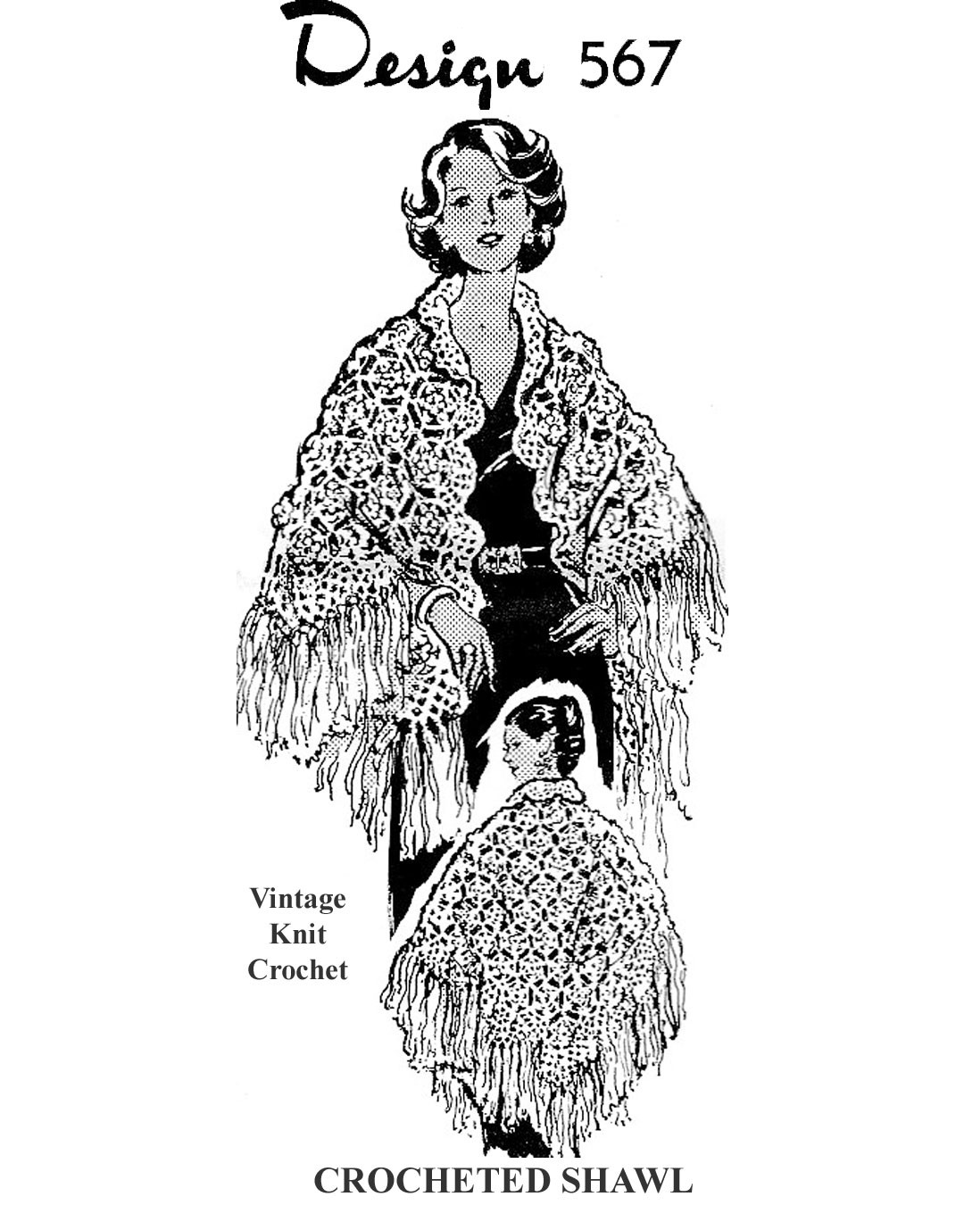 Crochet Shawl Pattern, Long Triangle Design 567 with Fringe