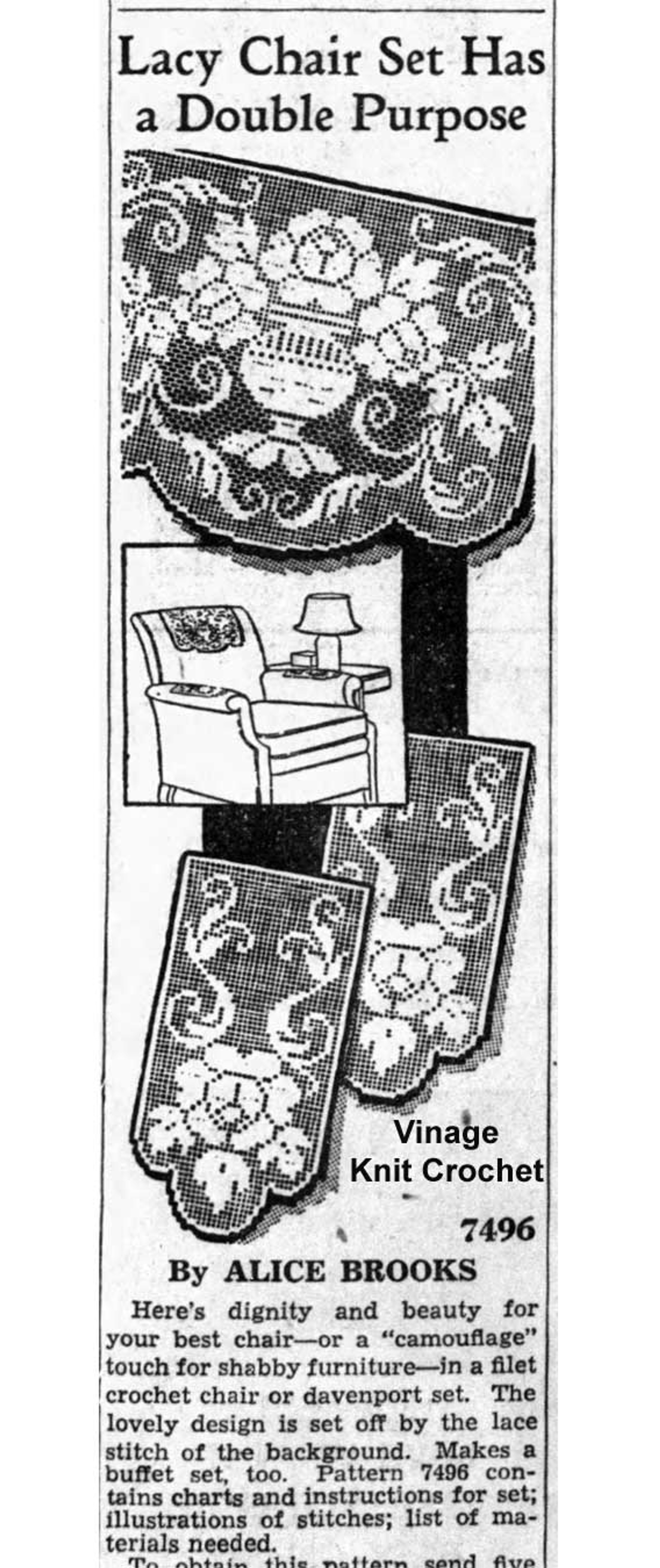 Filet Crochet Chair Doily Pattern Set Flower Arrangement Mail Order
