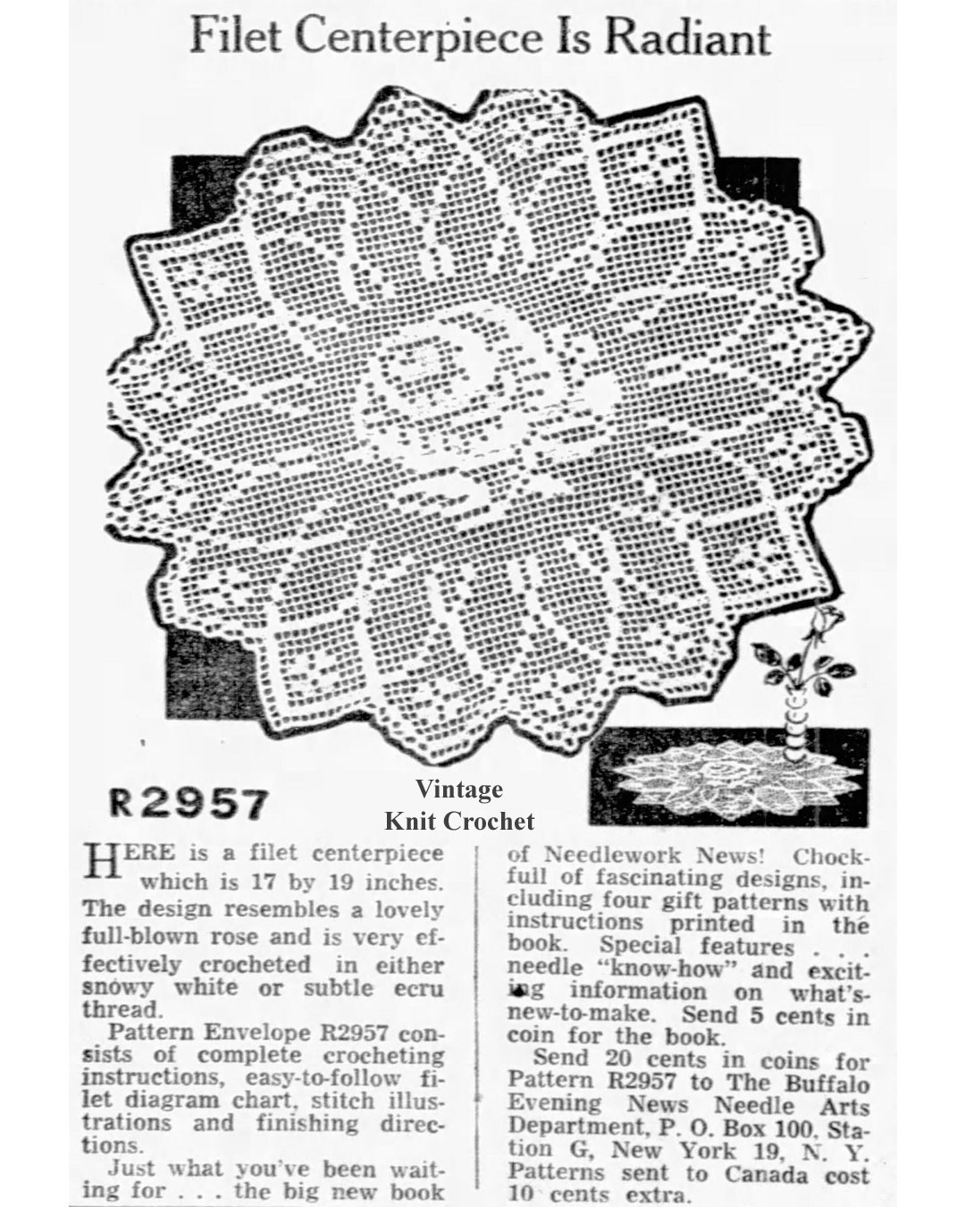 Filet Crochet Rose Centerpiece Doily Pattern No R-2957 Mail Order