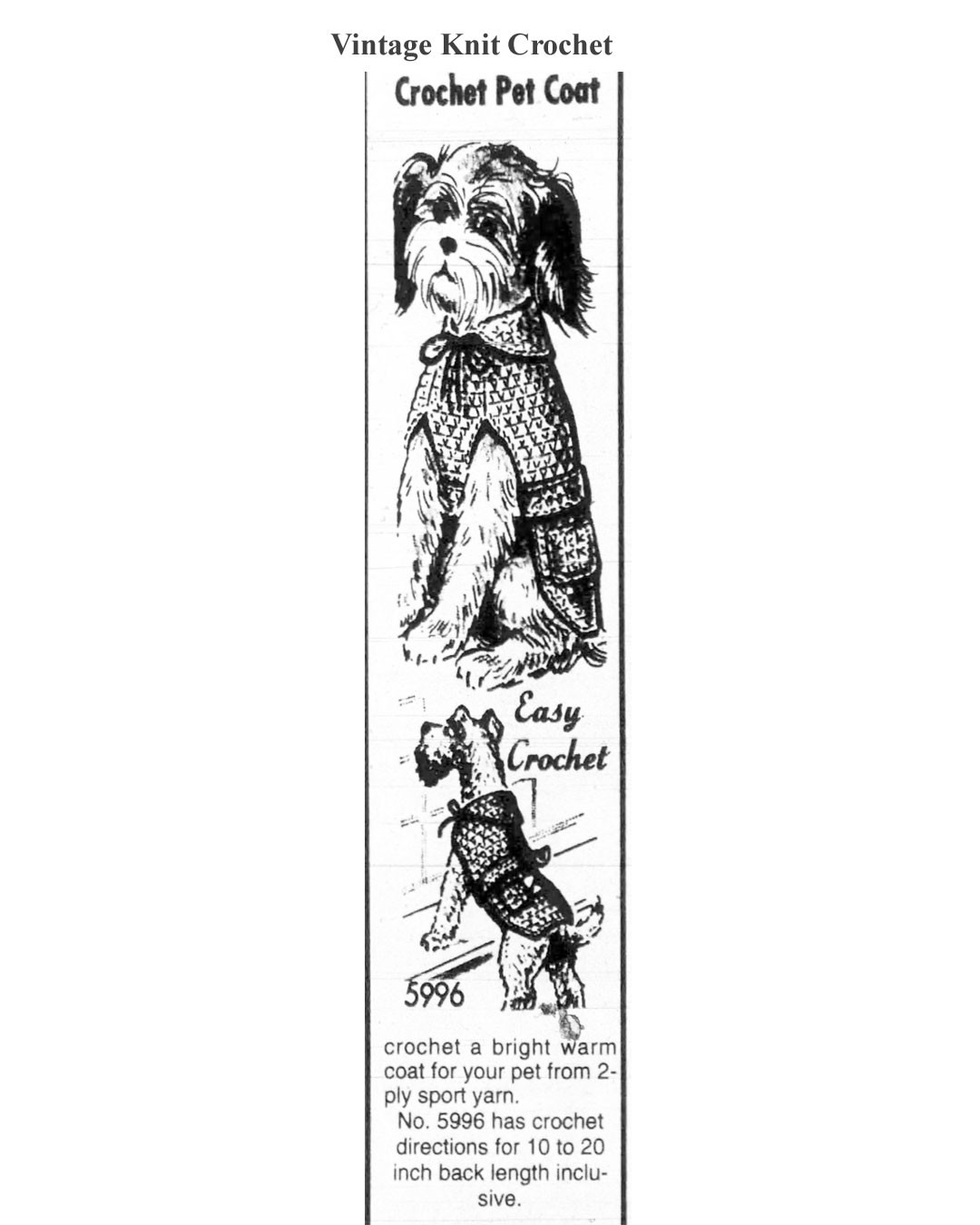 Easy Crochet Dog Coat in Sport Yarn Vintage Mail Order Pattern No 5996