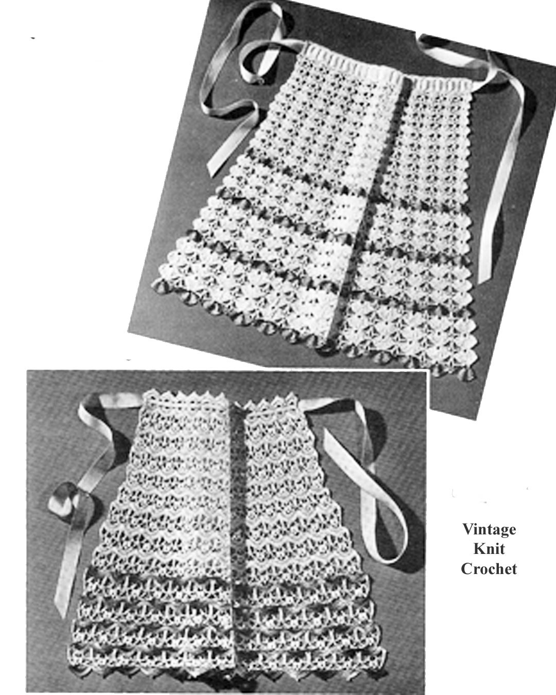 Two Vintage Crochet Aprons Pattern, Lace Stitch with Ribbon Ties