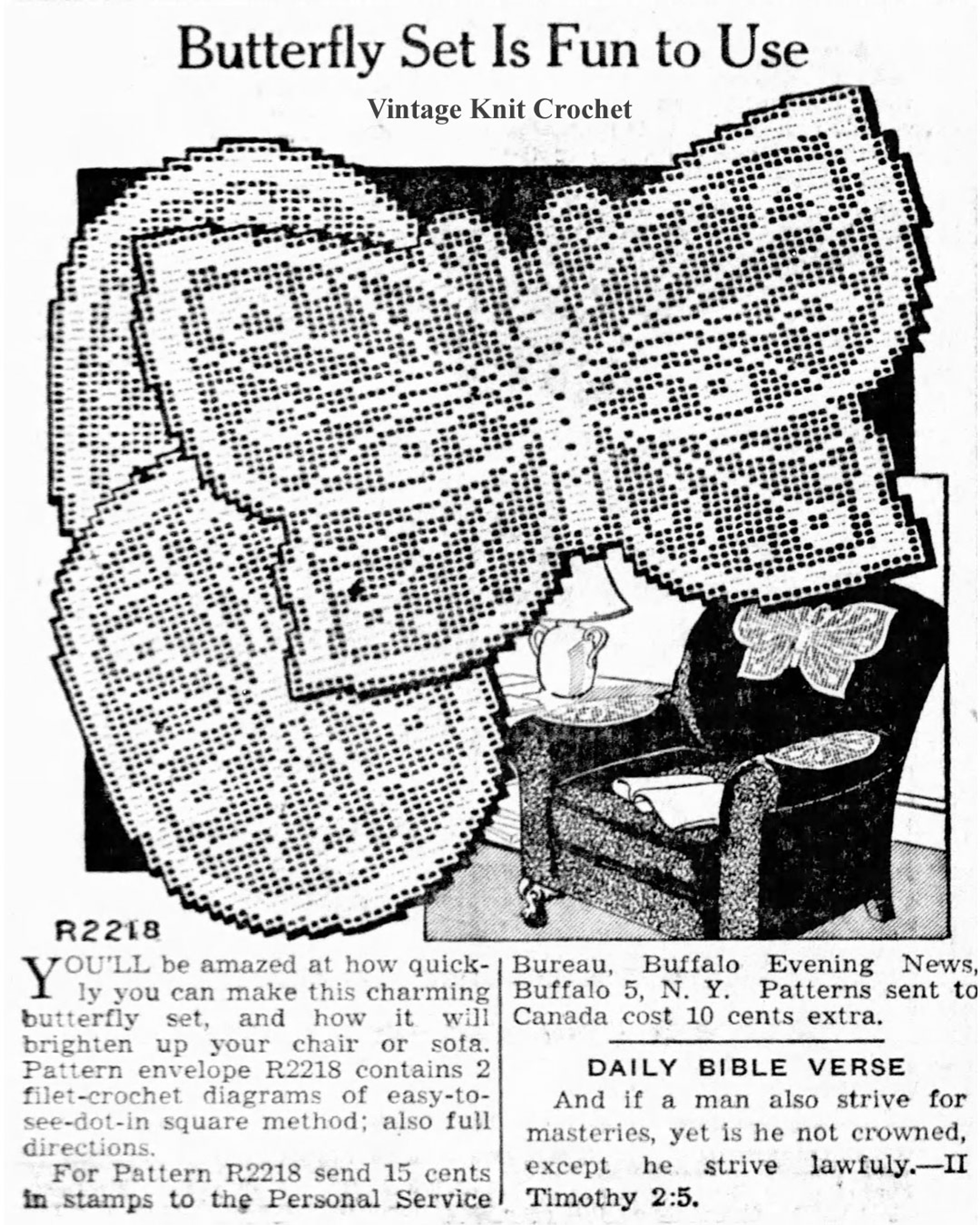 Vintage Butterfly Filet Crochet Pattern Chair Set Doily Buffet Laura