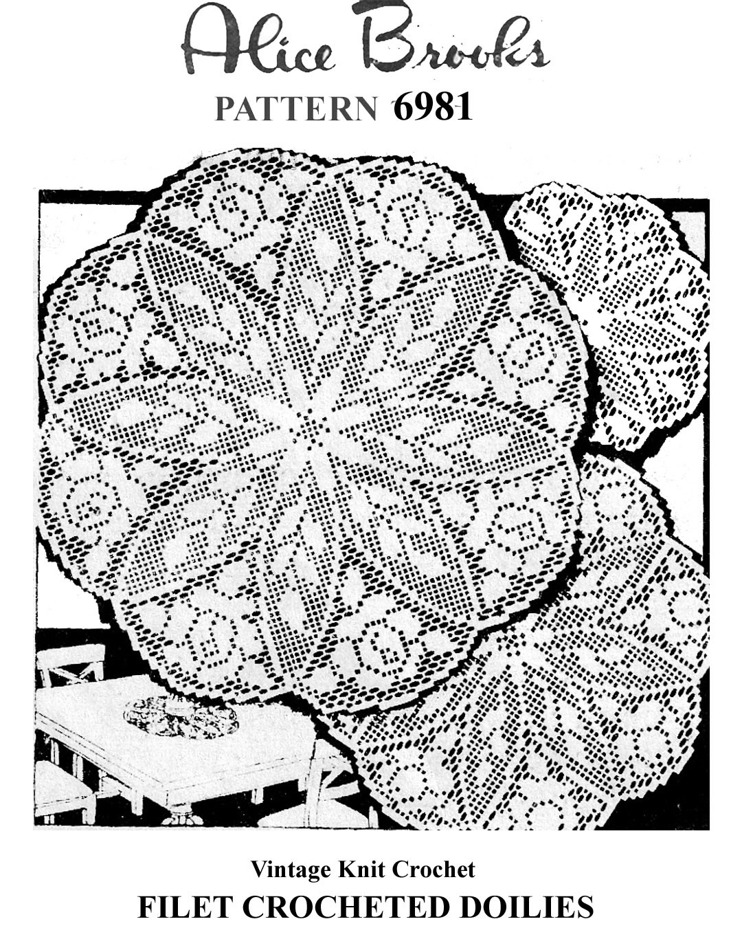 Alice Brooks Filet Crochet Dove Rose Doilies Pattern Oval Round Design 6048