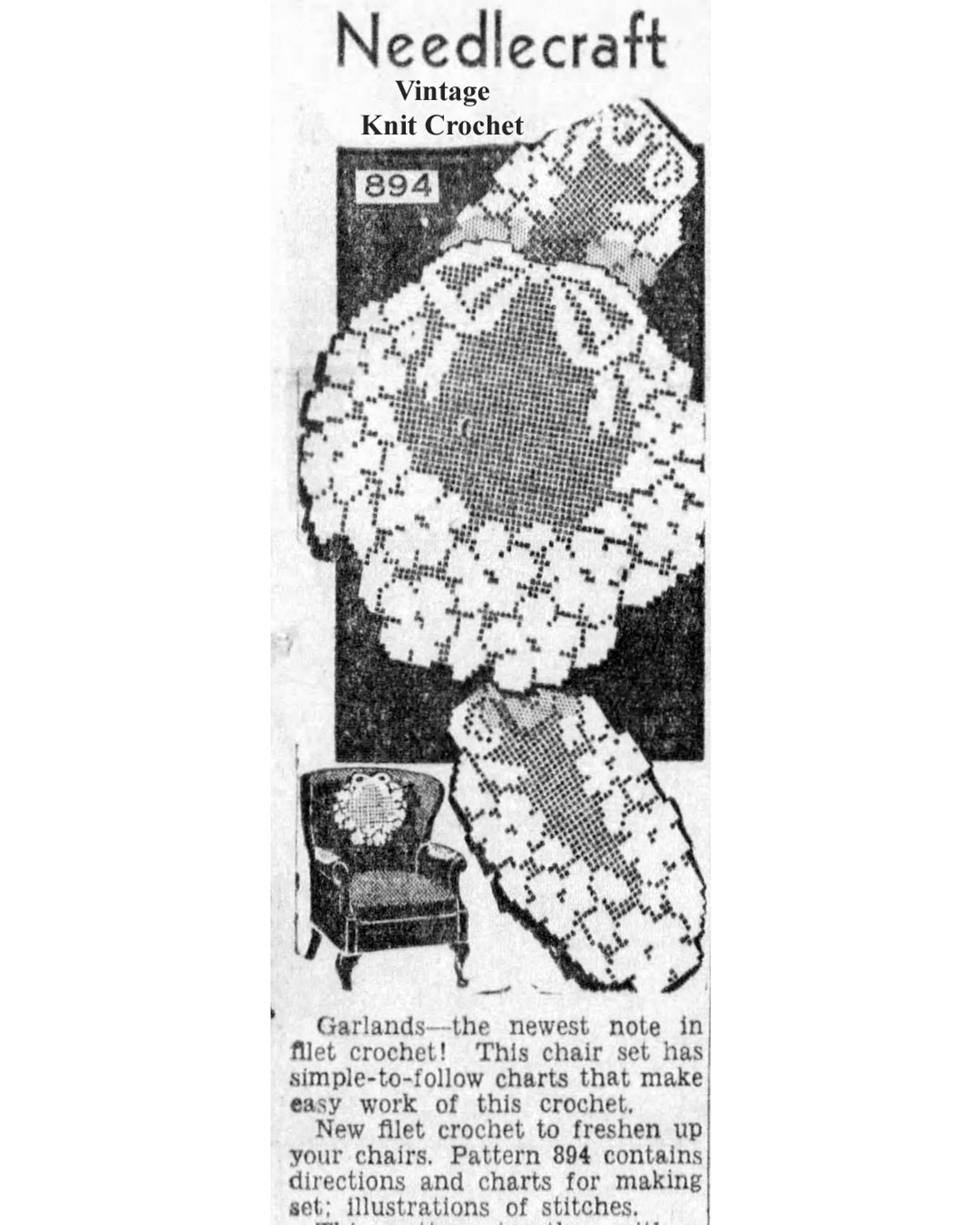 Peacock In Filet Crochet Chair Doily Pattern Set Vintage 1930s Alice