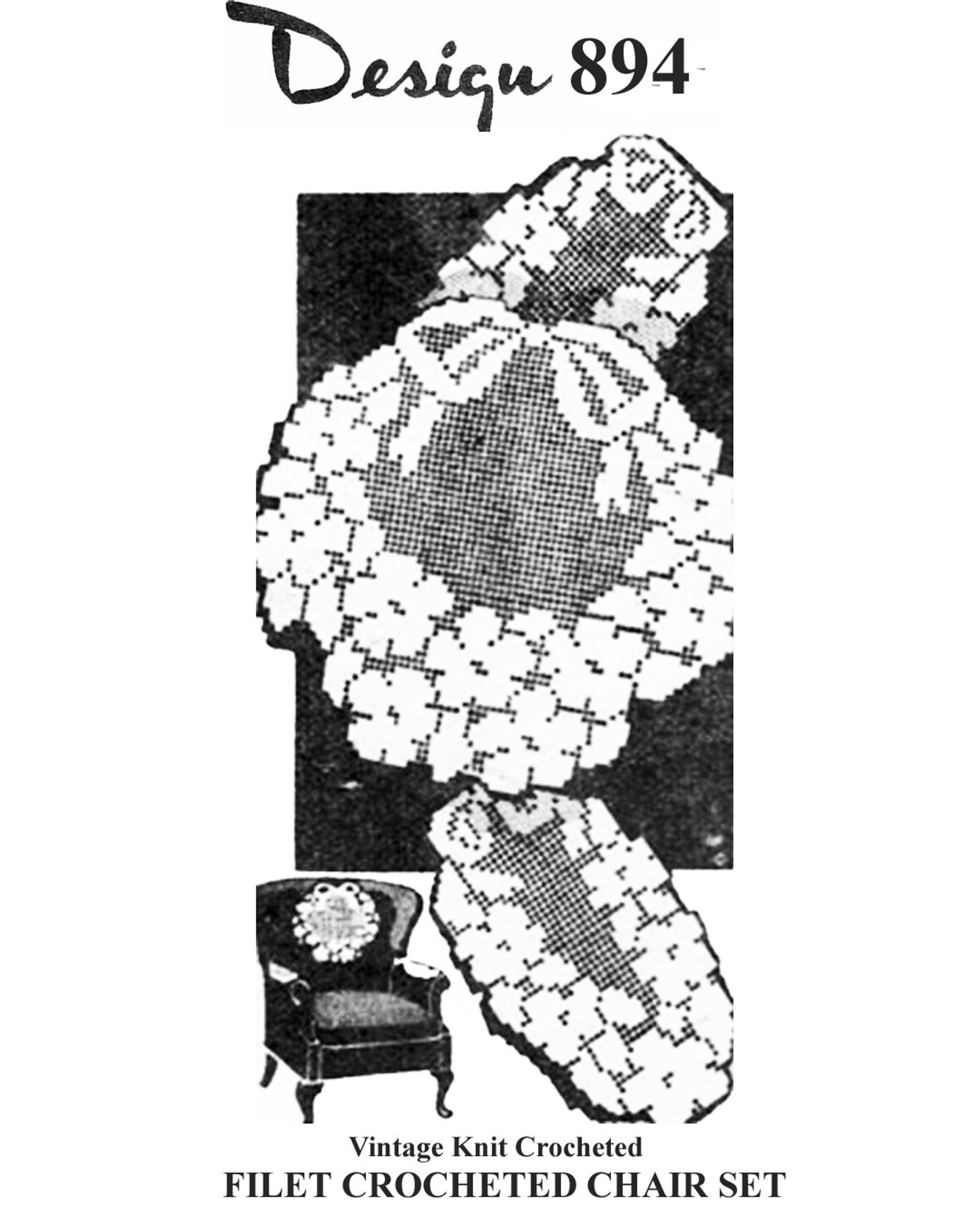 Peacock In Filet Crochet Chair Doily Pattern Set Vintage 1930s Alice