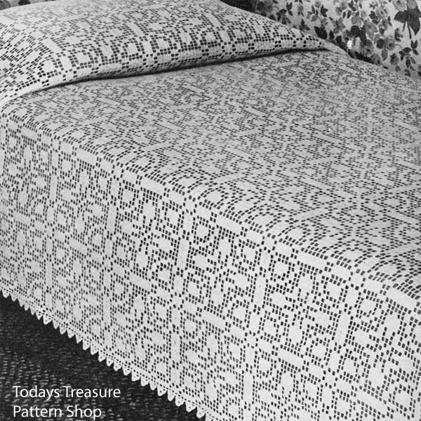 Filet Crochet Bedspread Pattern, Daffodil Flower Blocks with fringed edges