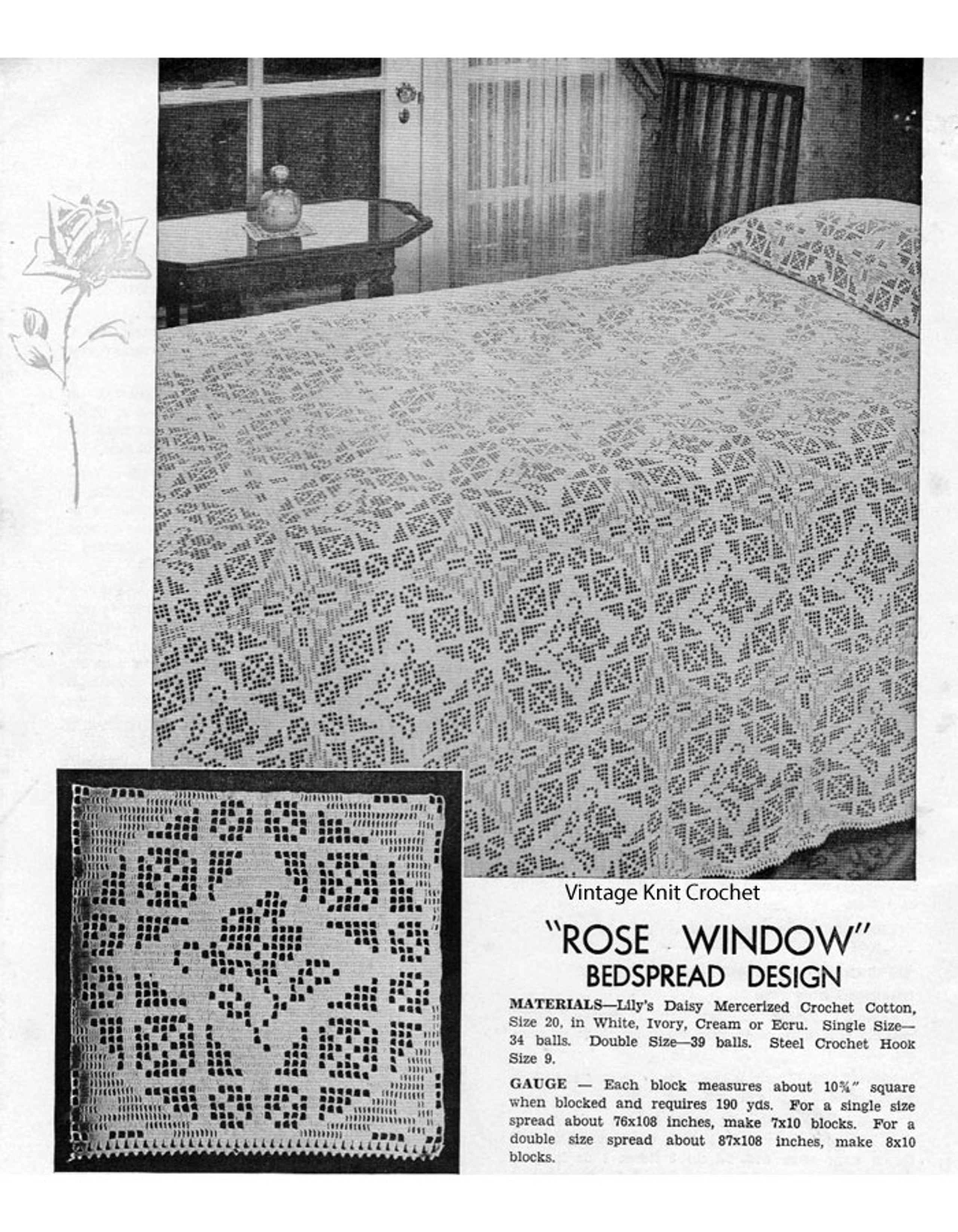 Vintage Filet Crochet Rose Bedspread Pattern