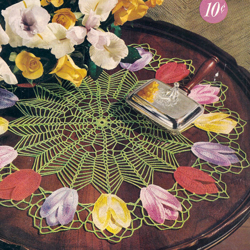 Lovely Tulip Doily Crochet Pattern on Green Mesh