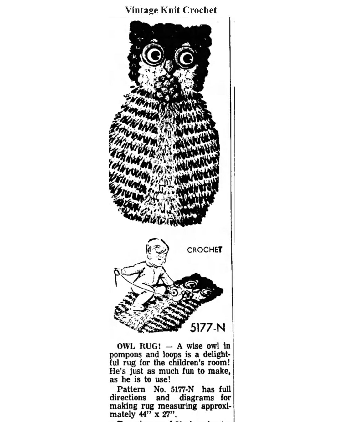 Crocheted Owl Rug Pattern, Anne Cabot 5177 Mail Order