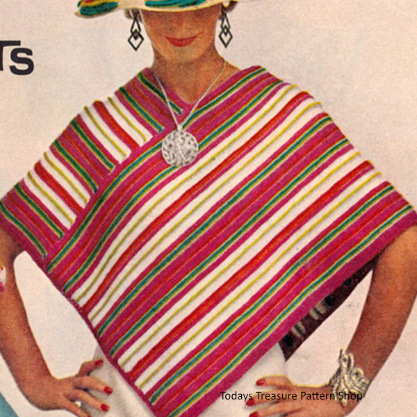 Striped Mexican Poncho Knitting Pattern - Vintage Knit Crochet Pattern Shop