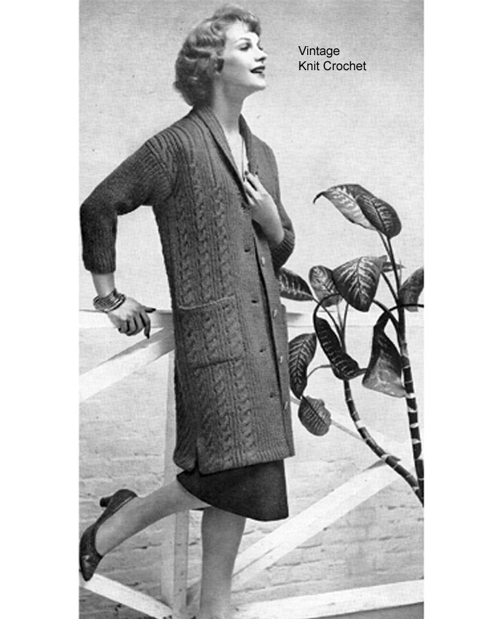 Knitted Cable Coat Pattern Knee Length Sm Med Large