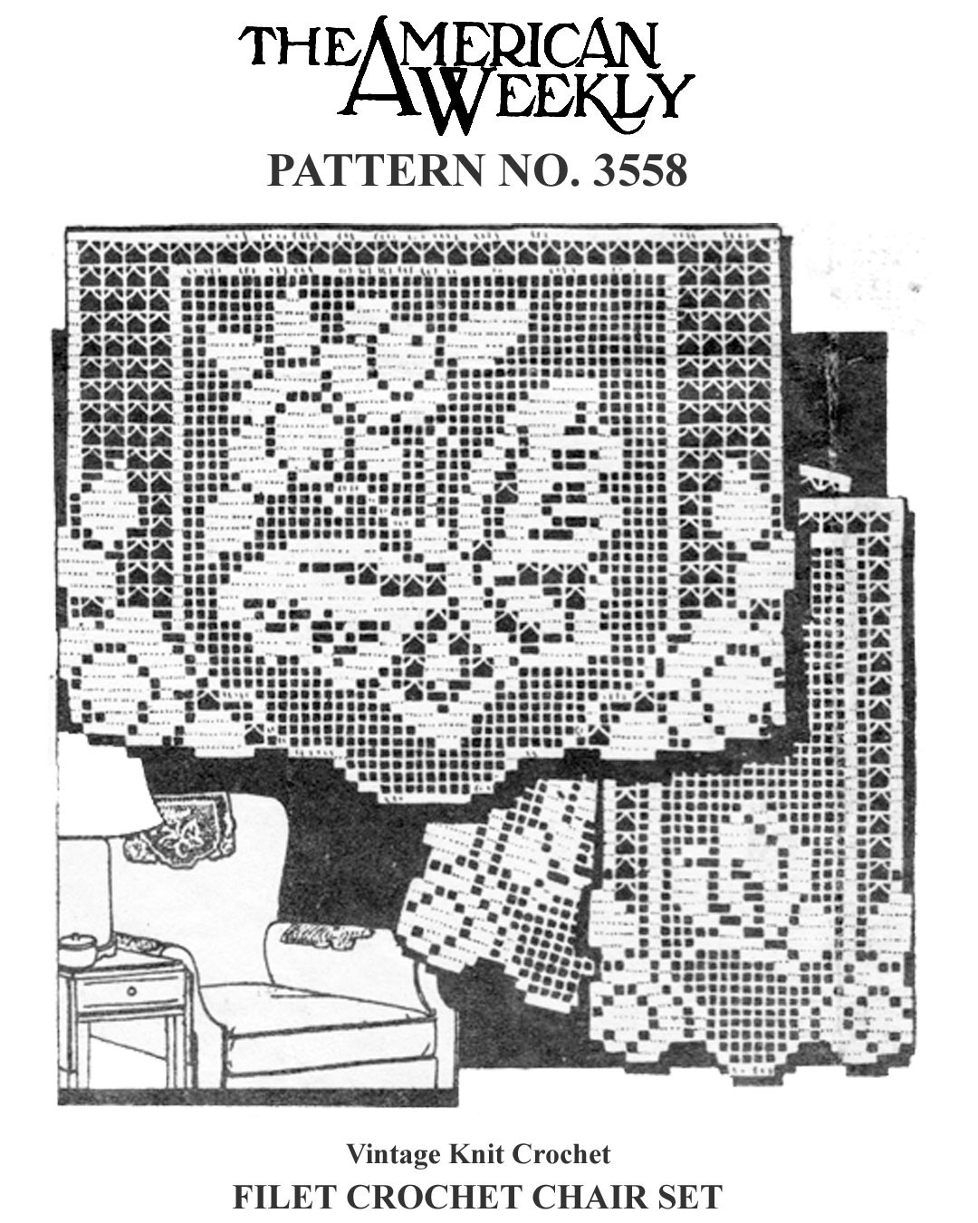 Filet Crocheted Dove Roses Chair Set Pattern No 6228