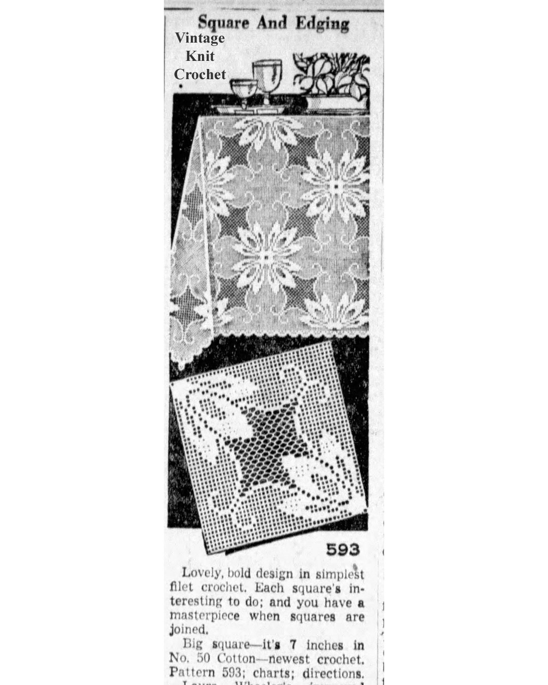 Filet Crochet Square Tablecloth Pattern, Laura wheeler 593, Mail Order ...
