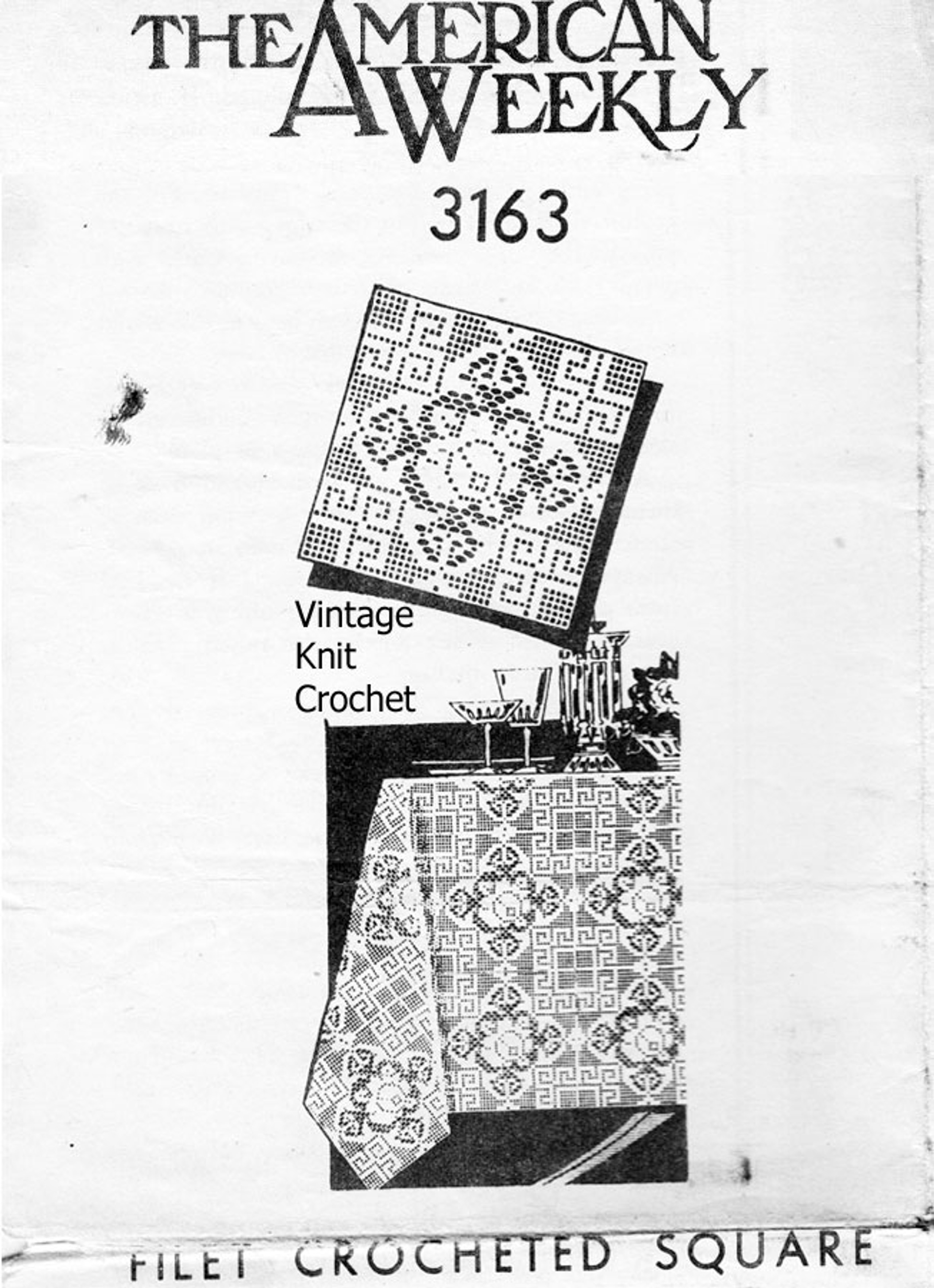 Rose Filet Crochet Tablecloth Square Pattern American Weekly 3163