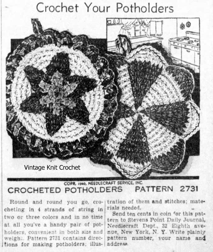 Two Crochet Potholders Pattern, Star Pinwheel, Laura Wheeler Design 2731