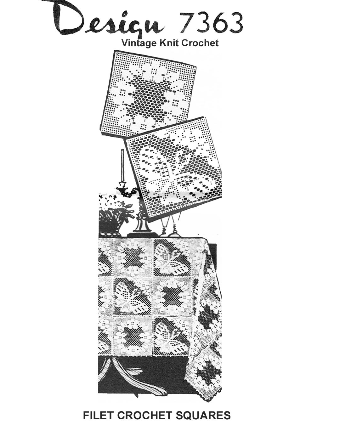 Filet Crochet Butterfly Rose Squares Pattern Design 5860