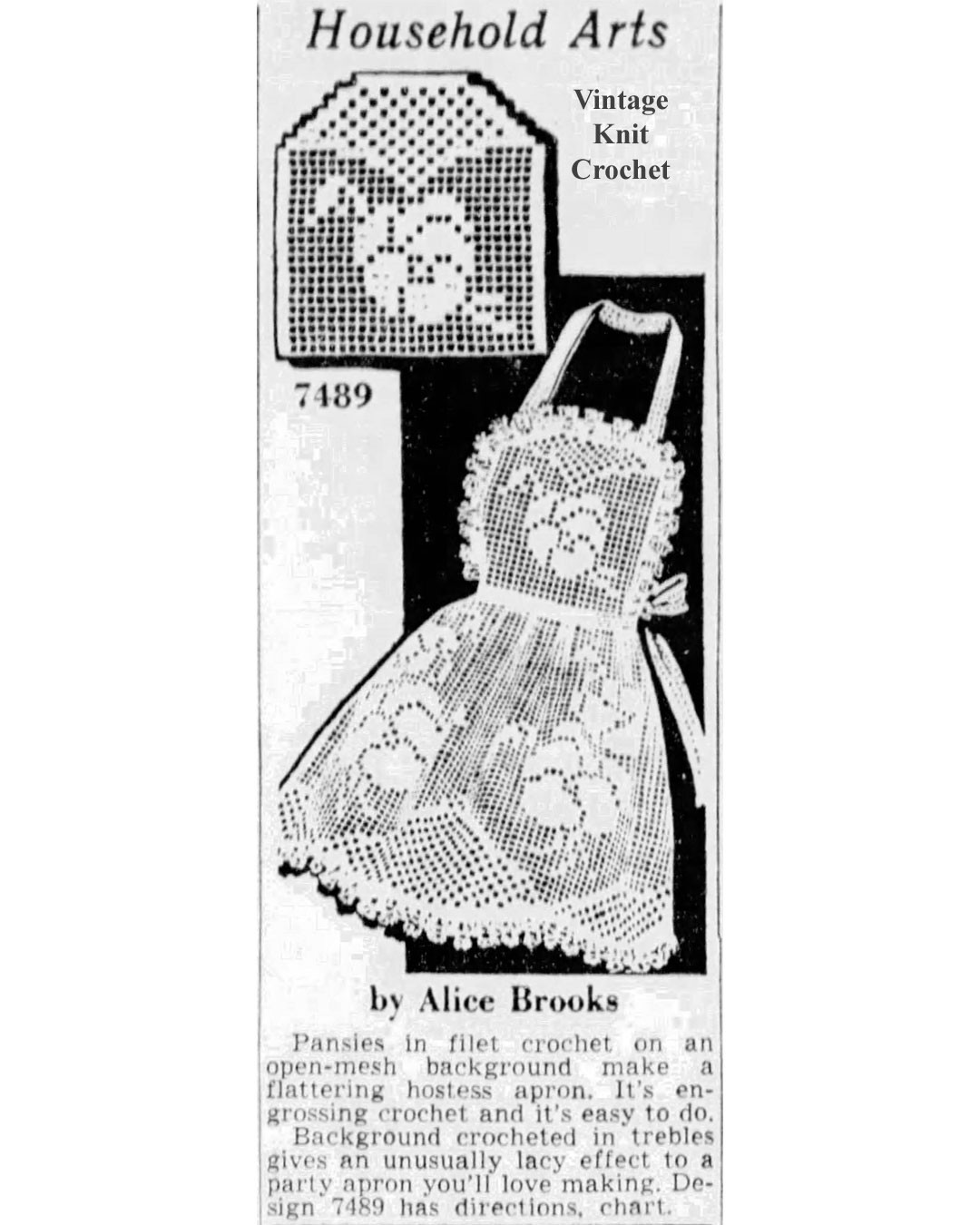 Vintage Filet Crochet Apron Pattern in Rose Motif, Alice Brooks Mail ...