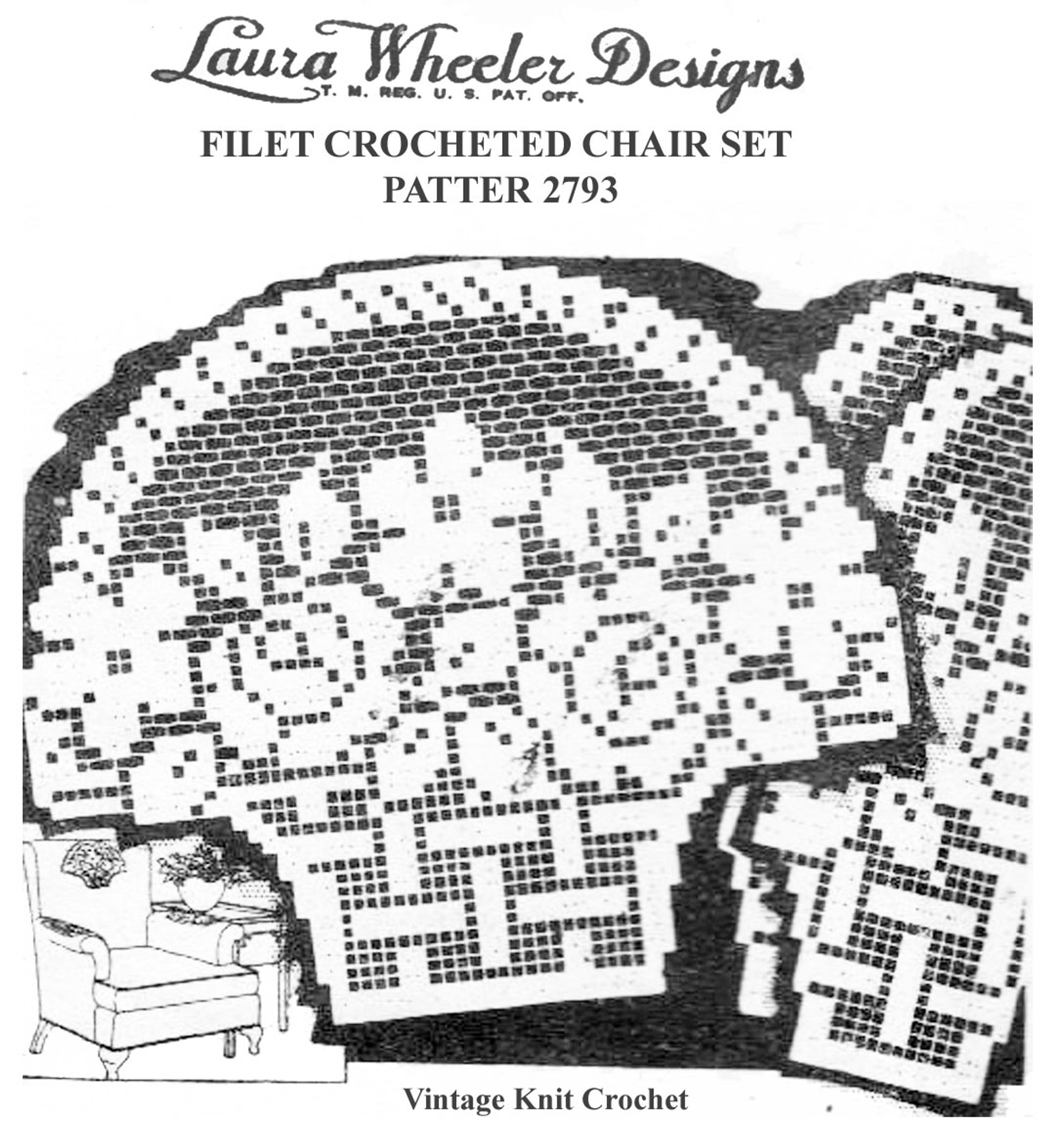 Vintage Filet Crochet Chair Doily Pattern Set Flower Basket Motif