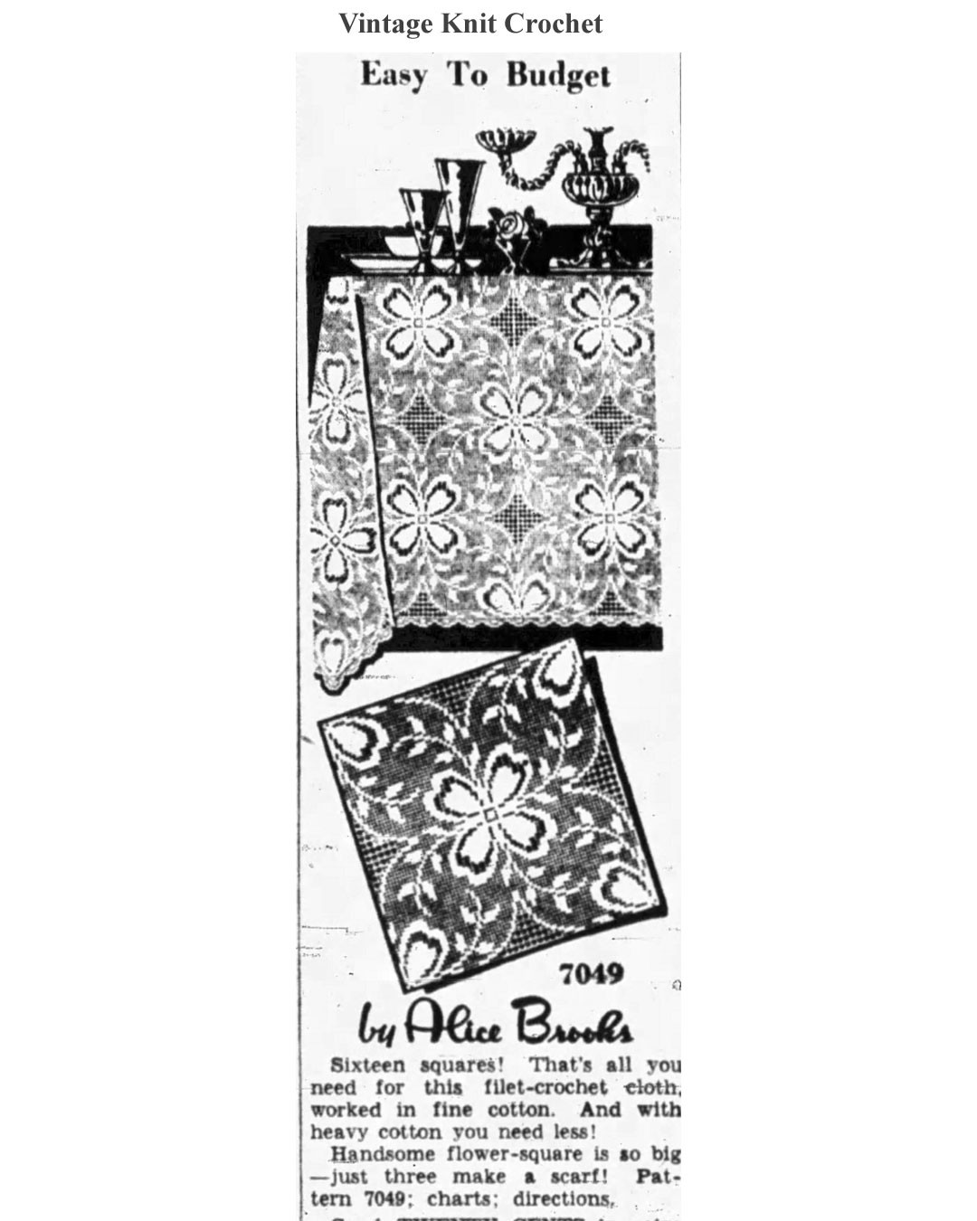 Large Filet Crochet Square Pattern in Flower Motif Mail Order Design ...