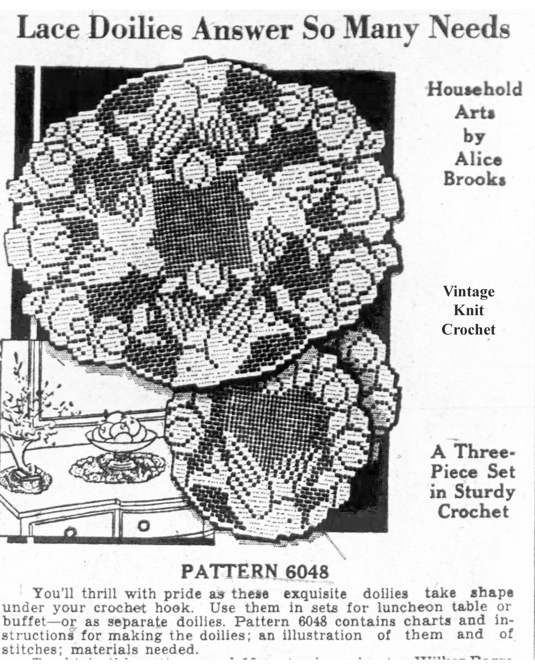Alice Brooks Filet Crochet Dove Rose Doilies Pattern Oval Round Design 6048