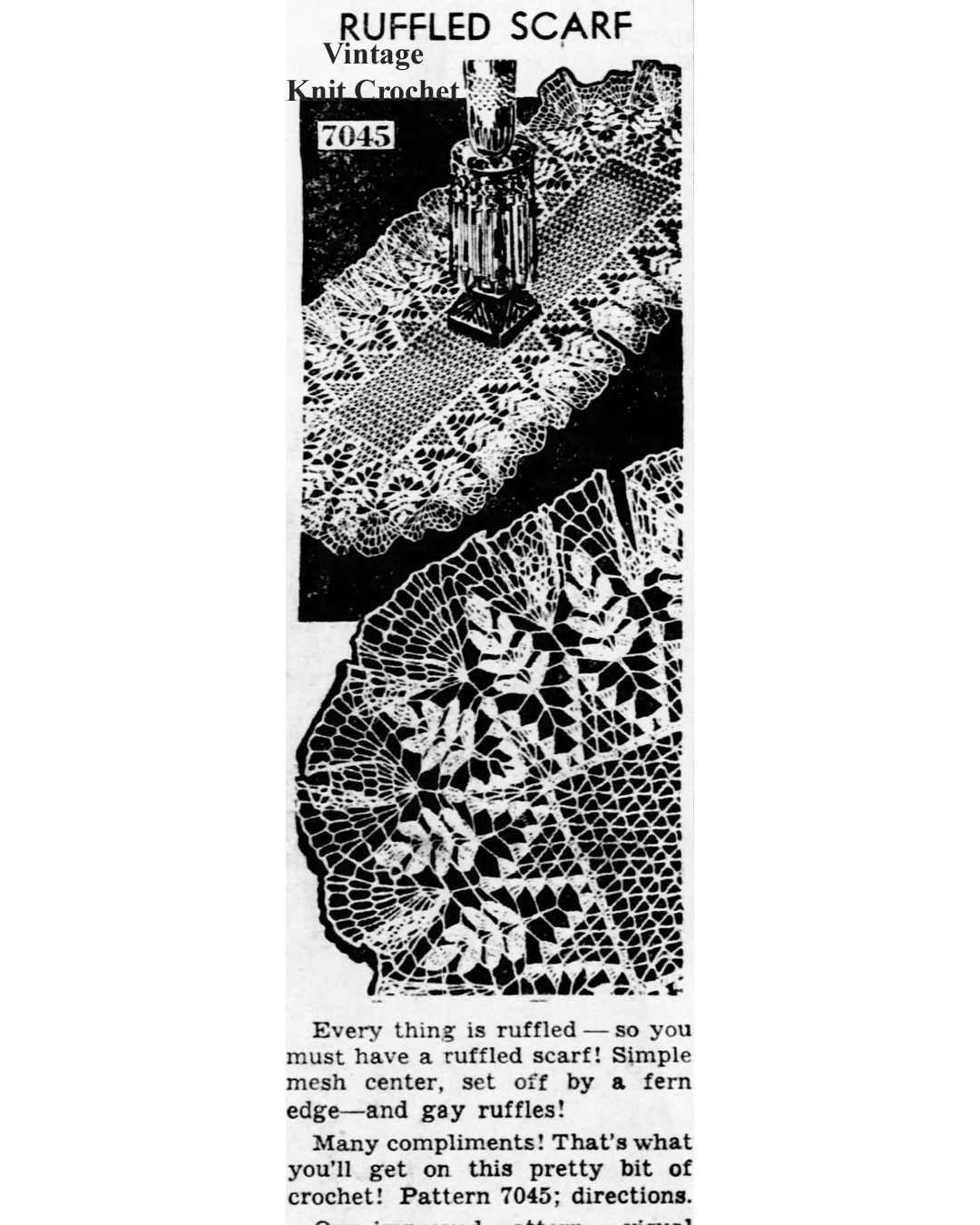 Crochet Fern Runner Doily Pattern, Ruffled Border, Mail Order Design 7045