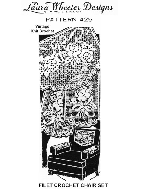 Vintage Filet Crochet Rose Basket Chair Set Pattern Design 1024