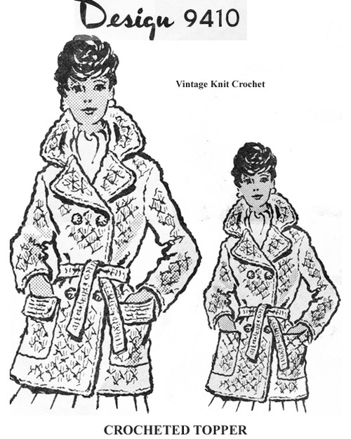 Crocheted Coat Pattern in Shell Stitch, Belted Design 7064