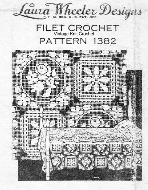 Filet Crochet Square Pattern Leaf Tablecloth Bedspread Design 1726