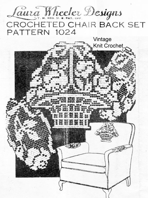 Vintage Filet Crochet Rose Basket Chair Set Pattern Design 1024