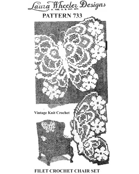 Vintage Butterfly Filet Crochet Pattern Chair Set Doily Buffet Laura