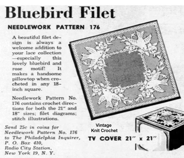 Filet Crochet Rose Bluebird Square Pattern Tablecloth Bedspread Alice