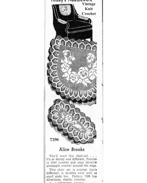 Vintage Filet Crochet Chair Doily Pattern Set In Rose Motif Alice
