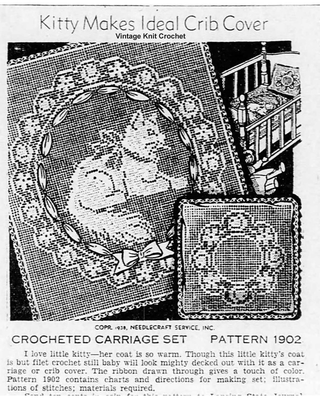 Filet Crochet Kitten Cat Chair Doily Pattern Set Laura Wheeler Design 1902