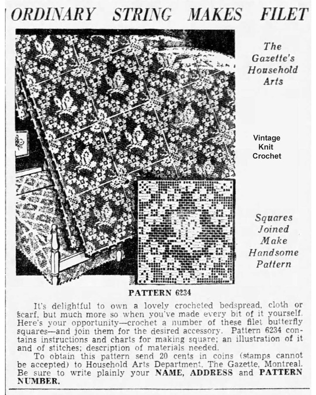 Filet Crochet Butterfly Rose Squares Pattern For Tablecloth Bedspread