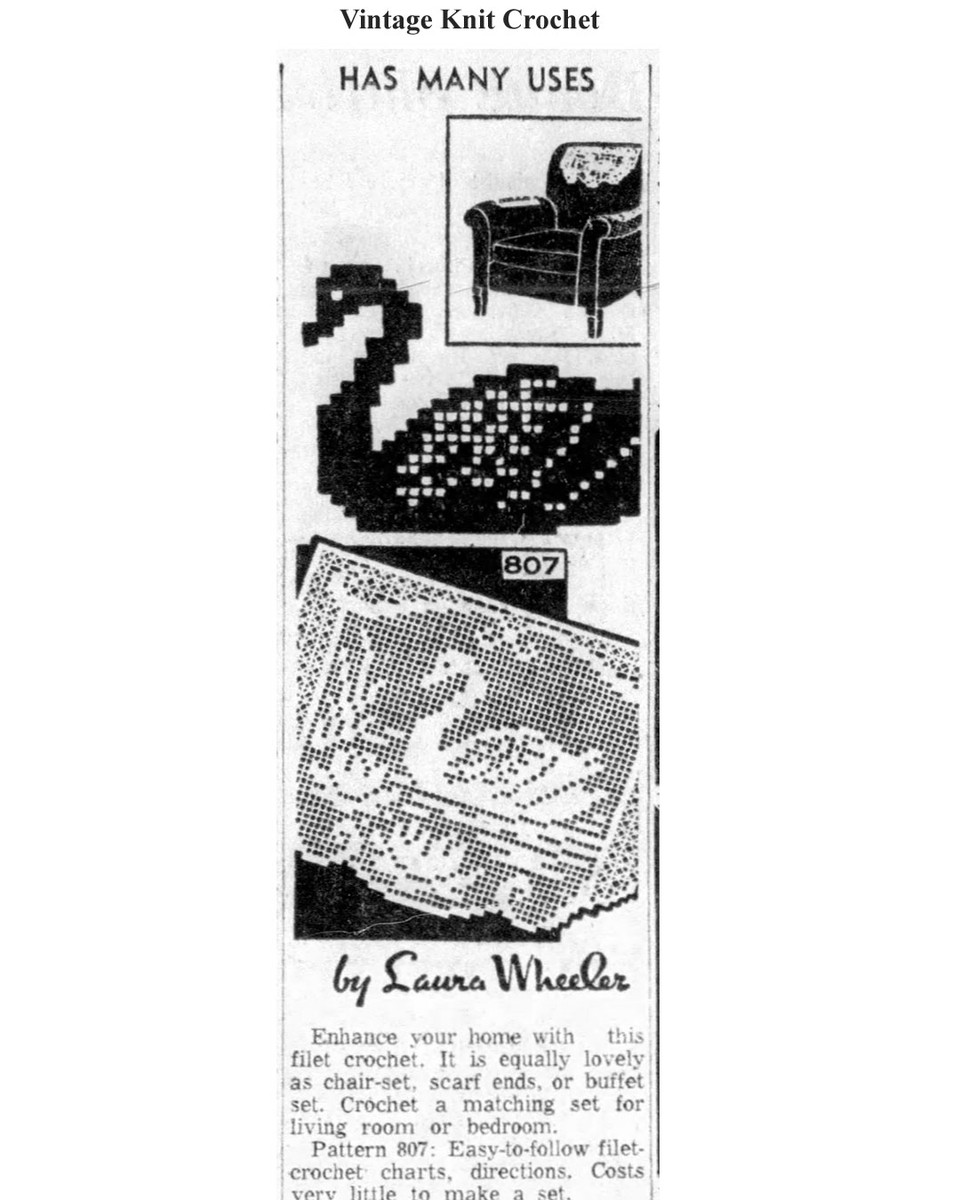 Swan Filet Crochet Chair Doily pattern Set Mail Order Design 3083 ...