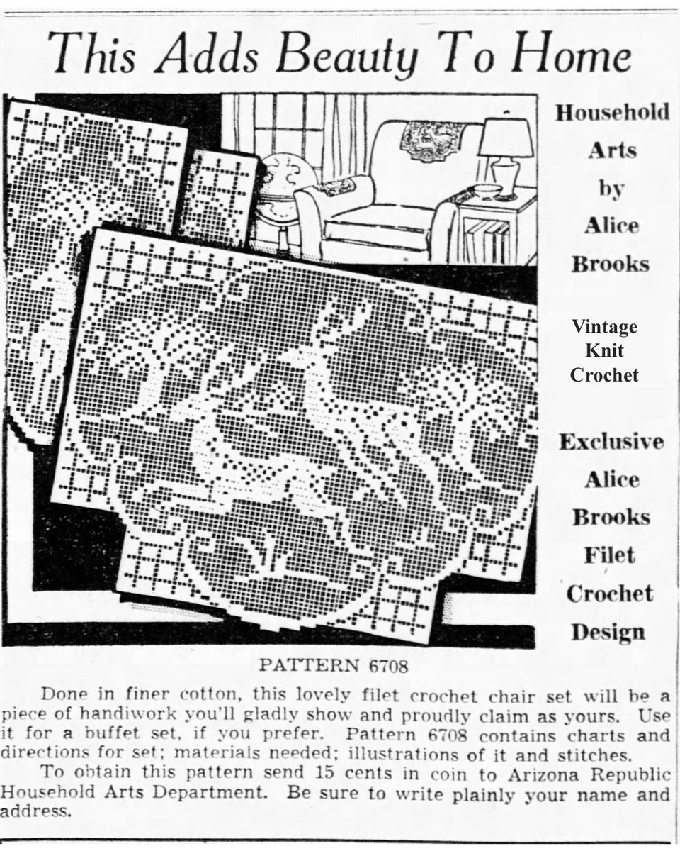 Filet Crocheted Dove Roses Chair Set Pattern Alice Brooks Design 6228