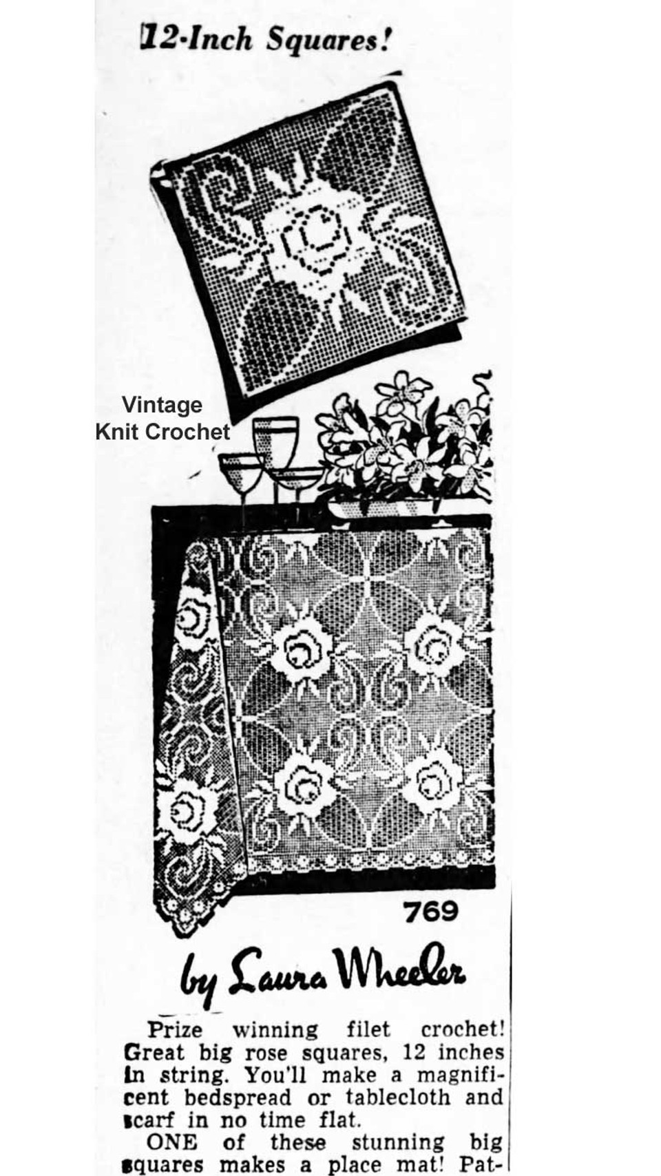 Rose Filet Crochet Square For Tablecloth Pattern Laura Wheeler 769